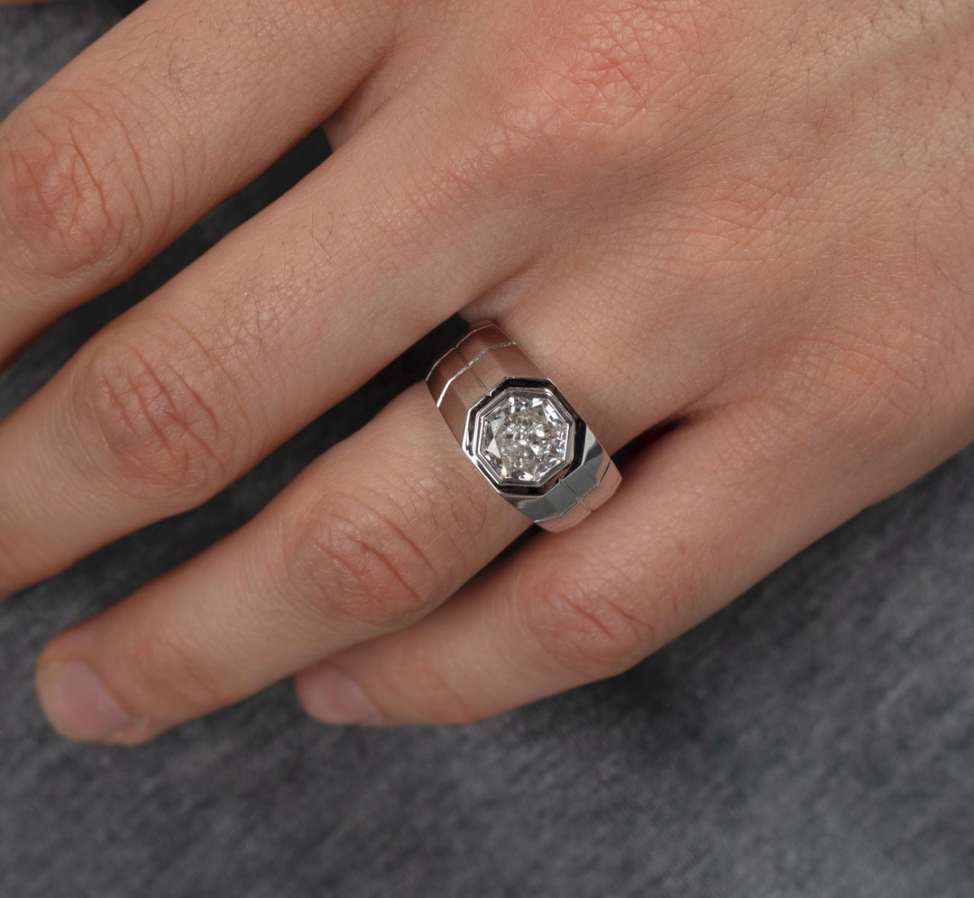 3 Carat Bezel Set Octagon Cut Solitaire Diamond Men's Ring in Textured ...