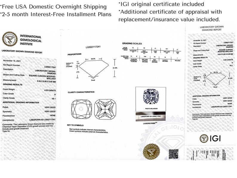 4 Carat H Color VS1 Clarity Cushion Cut Lab Grown CVD Diamond - Etsy