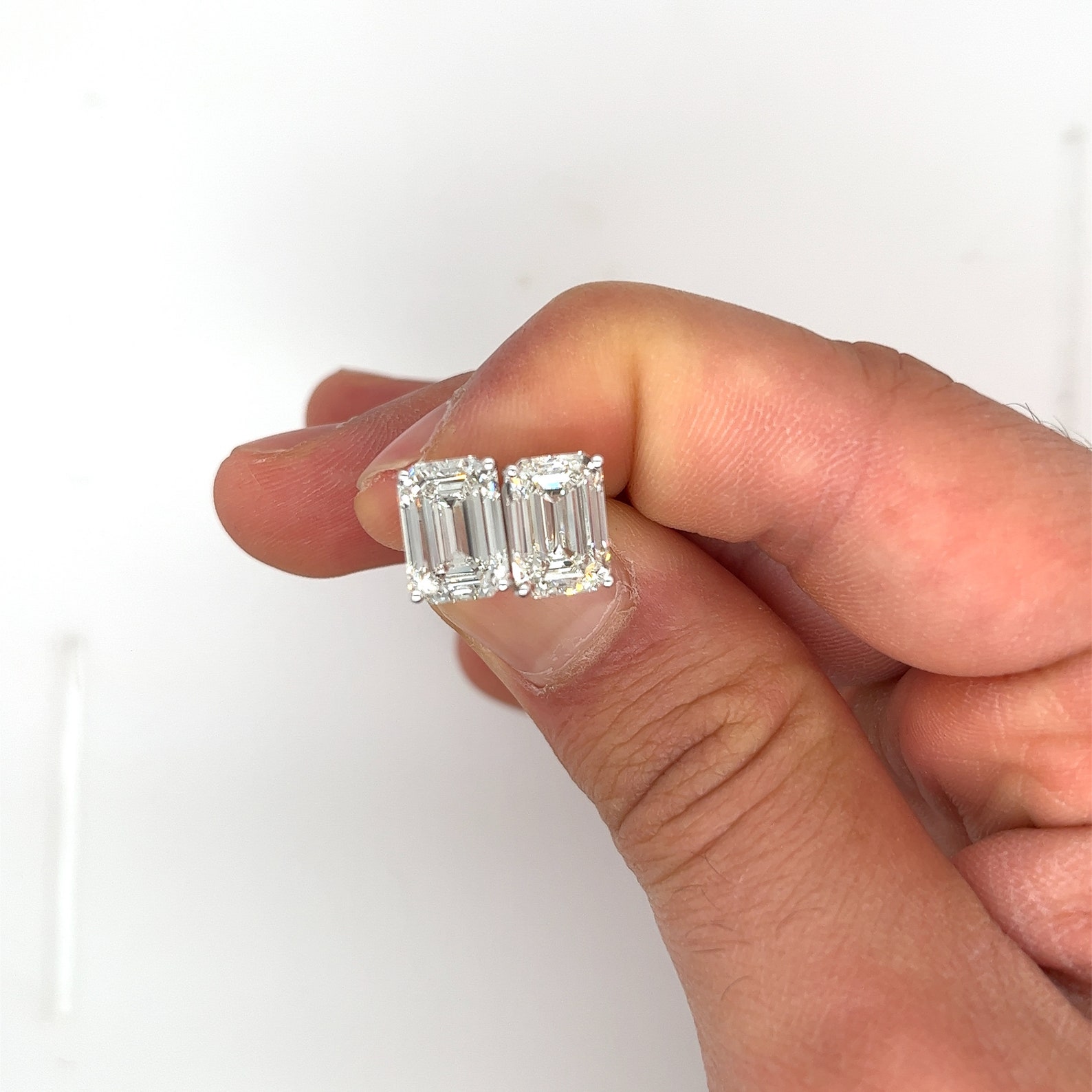 8 Carat Total Emerald Cut Stud Earrings in 14k White Gold Push Back ...
