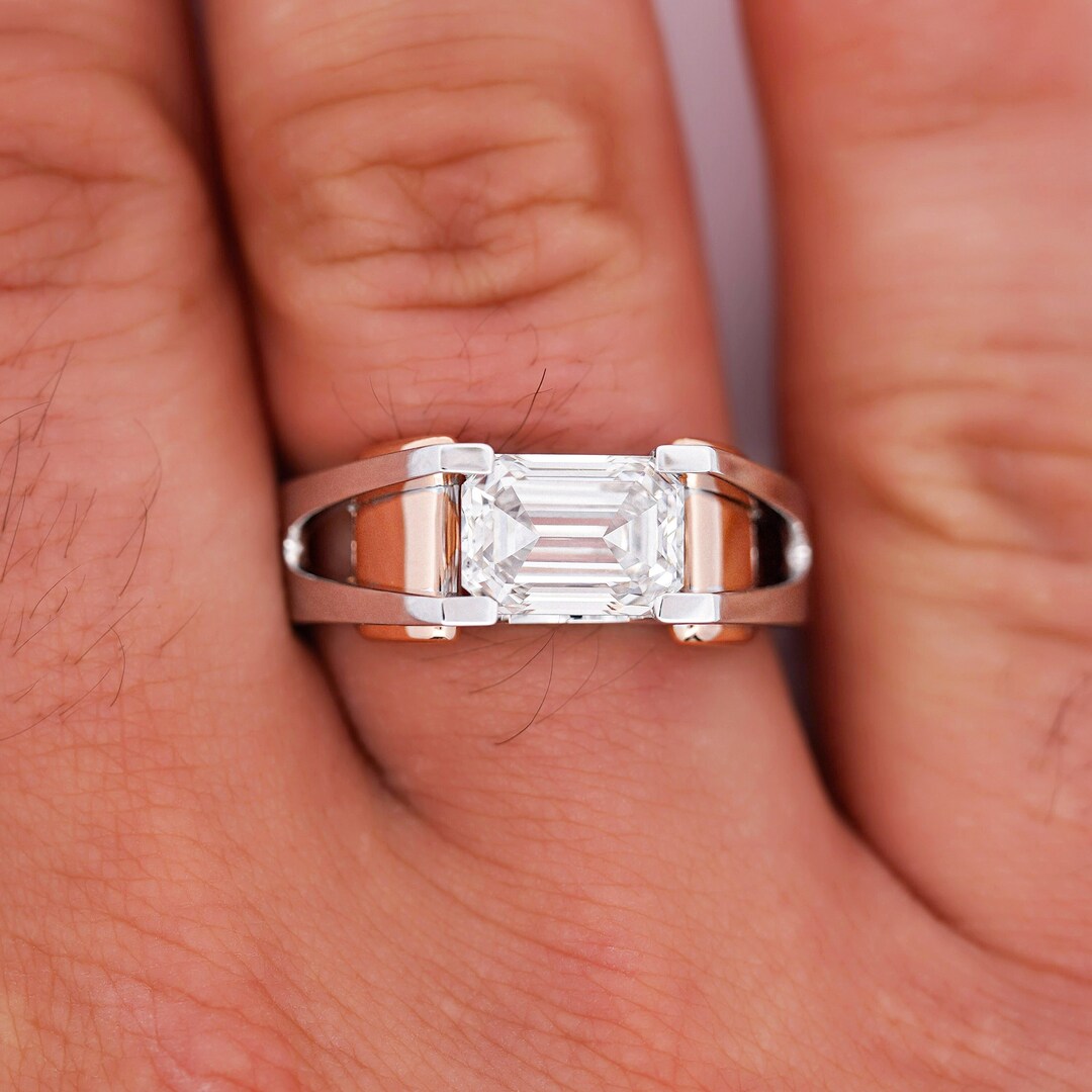 2.87 Carat Emerald Cut Lab Grown Diamond Mens Ring / 14k White & Rose ...