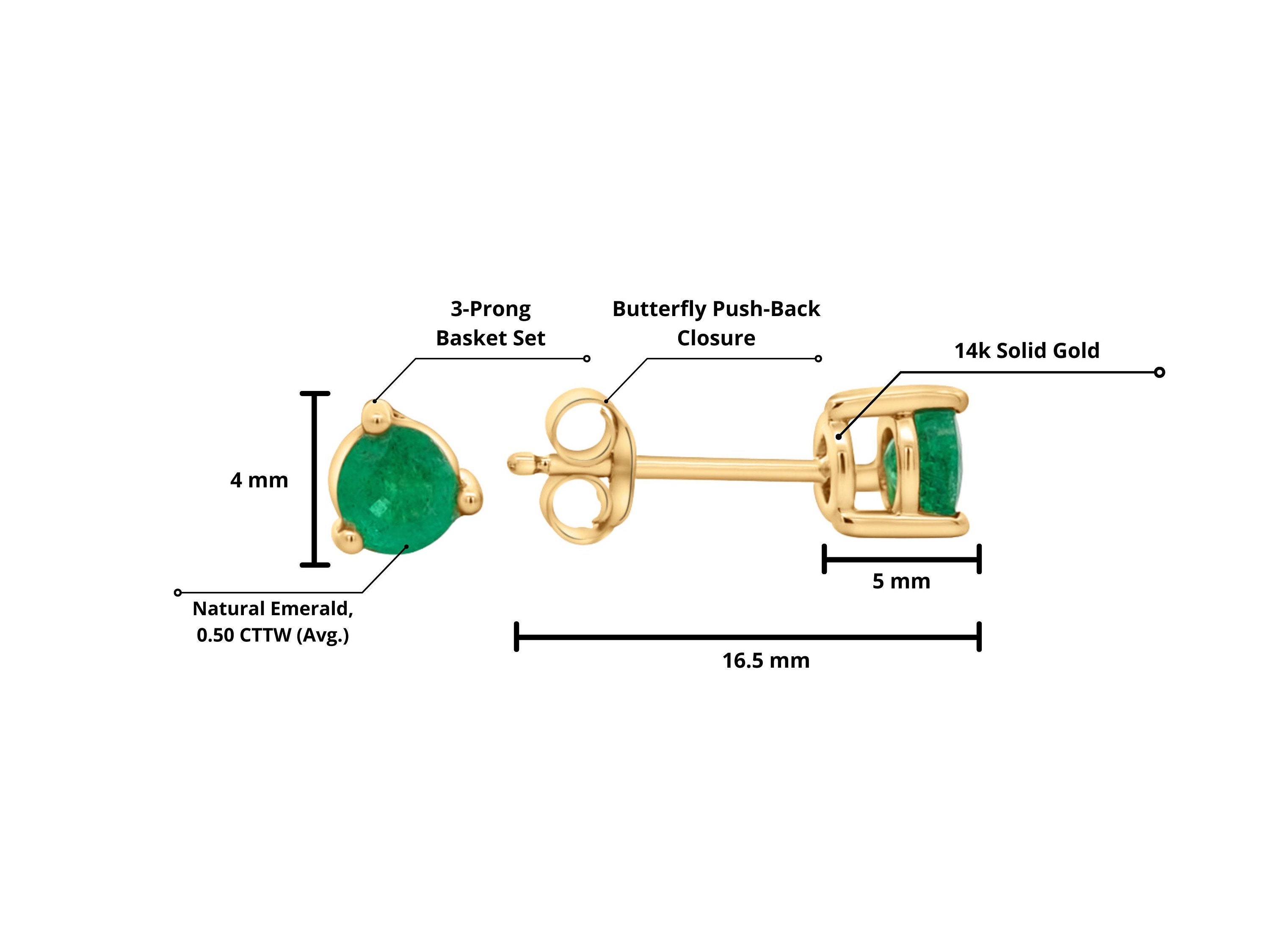 1/2 Carat Natural Emerald 4mm Round 3-prong 14K Gold Stud Earrings / 0. ...