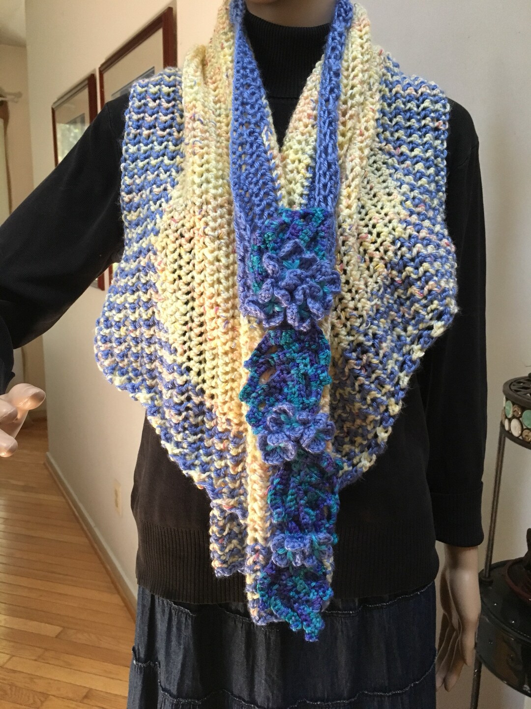 Designer Knit Poncho-scarf-cape. SML Scarf-poncho, Cream and Blue ...