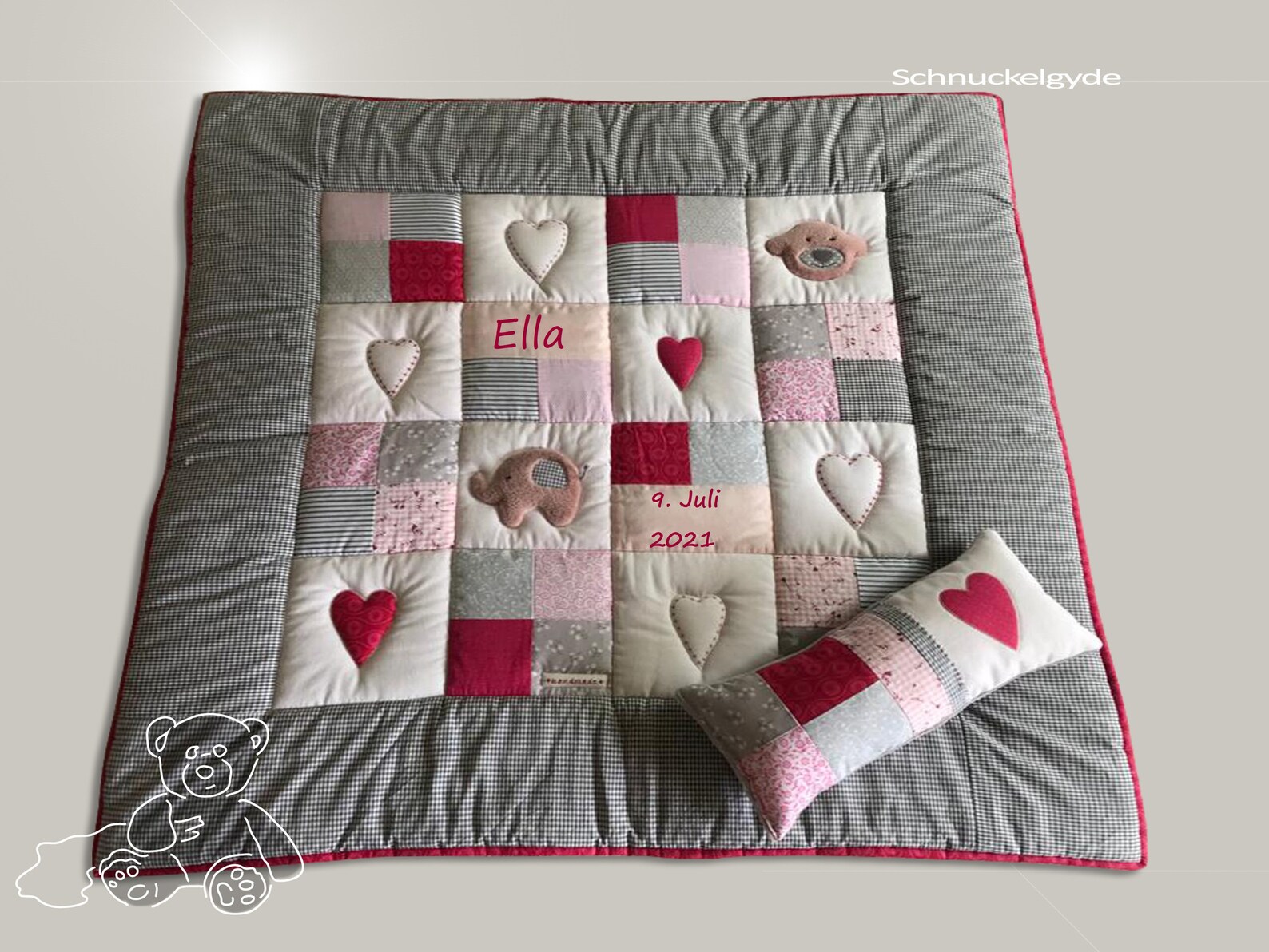 Krabbeldecke mit Namen, Individuelle Babydecke + Lagerungskissen ELLA Patchworkdecke ...