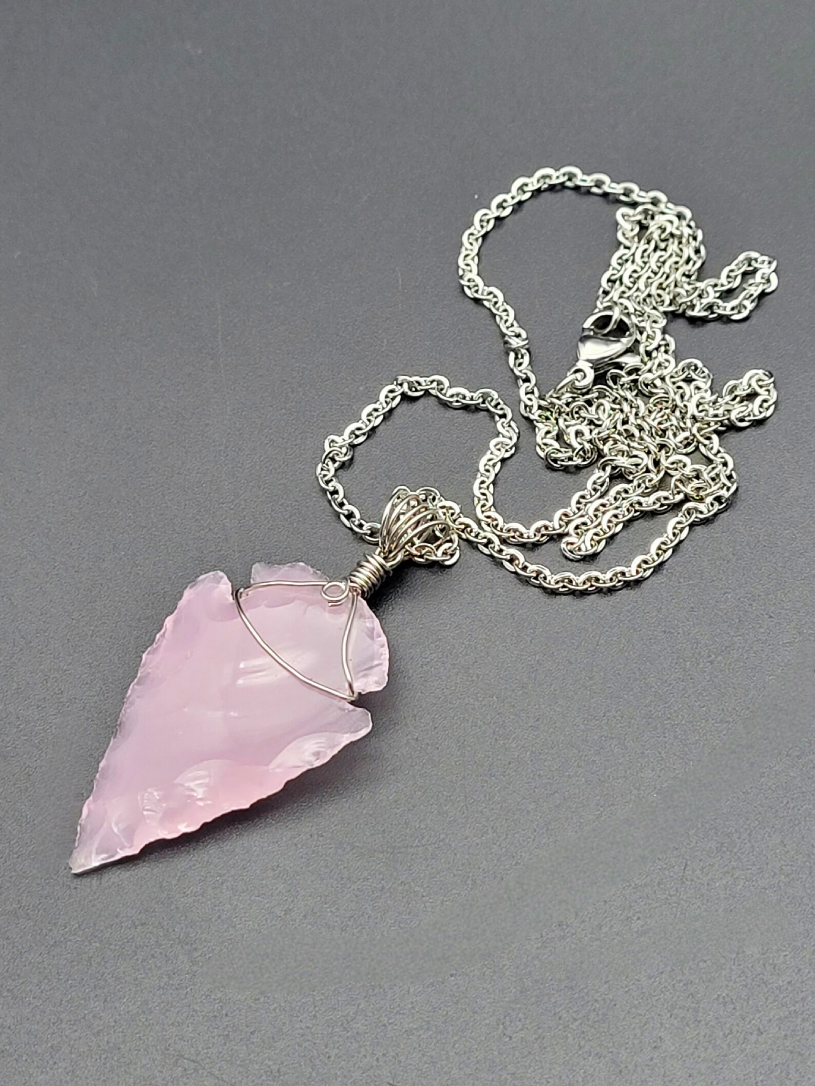 Cupids Arrow Pink Jadeite Arrowhead Pendant Wrapped in Stainless Steel ...