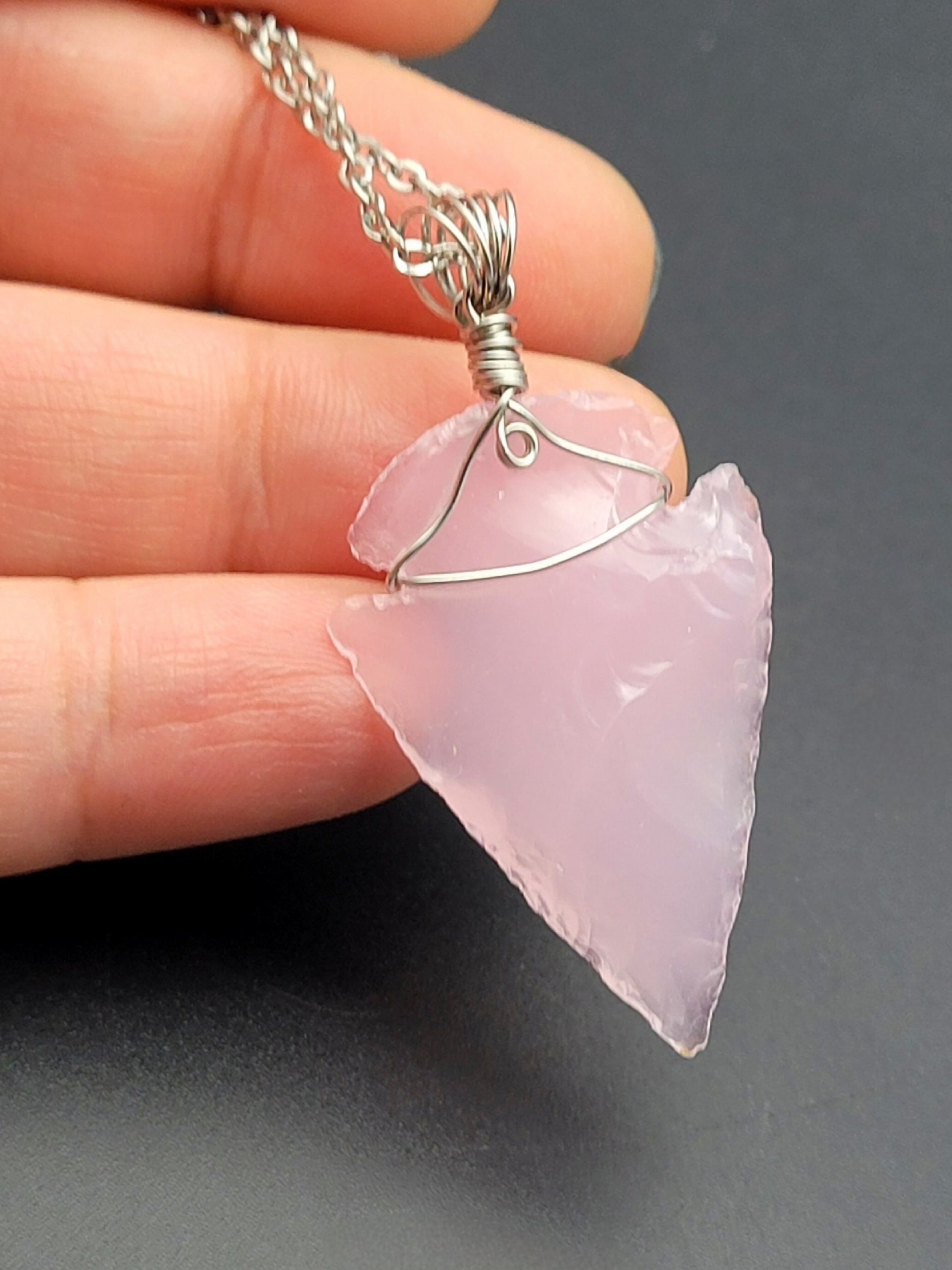 Cupids Arrow Pink Jadeite Arrowhead Pendant Wrapped in Stainless Steel ...