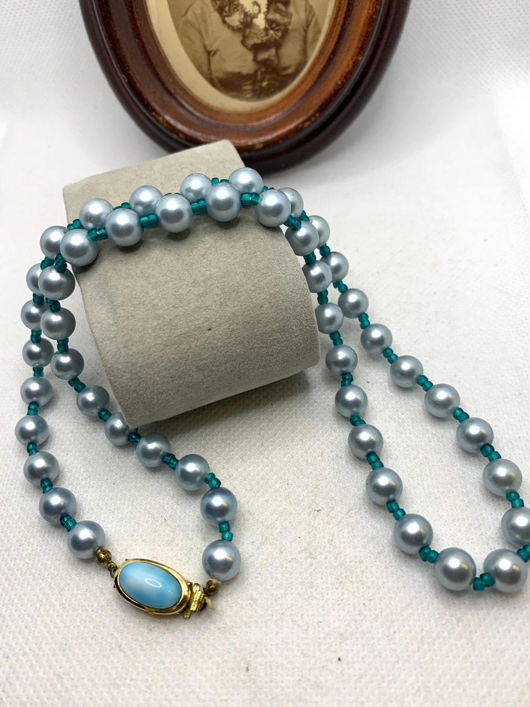 SuperSALE Vintage Perlenkette hellblau mit Roccailles, schöner ...