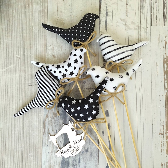 Black and White Bird on Stick Fabric Bird Pot Stakeplant | Etsy