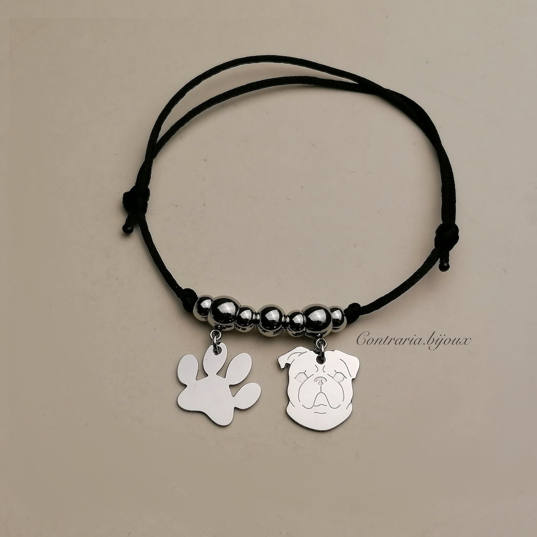 Pug Dog and Paw Bracelet With Engraved Initial - Etsy UK