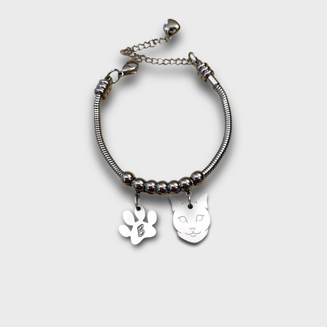 Cat Face Bracelet, European Cat Paw Bracelet With Engraved Initial, Cat ...