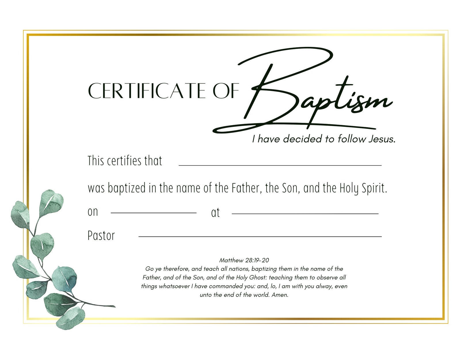 Printable Baptism Certificate Template KJV Instant Digital Download ...