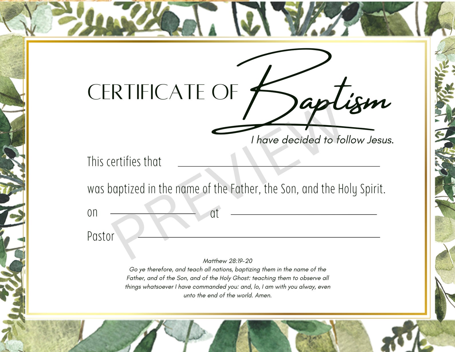 Printable Baptism Certificate Template KJV Instant Digital Download ...