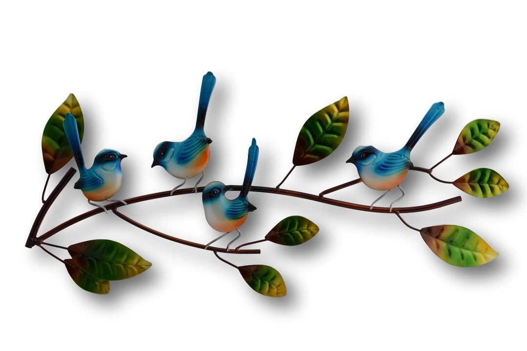 Blue Wrens on A Branch Wall Art - Handmade Metal Art - Outdoor Deck ...