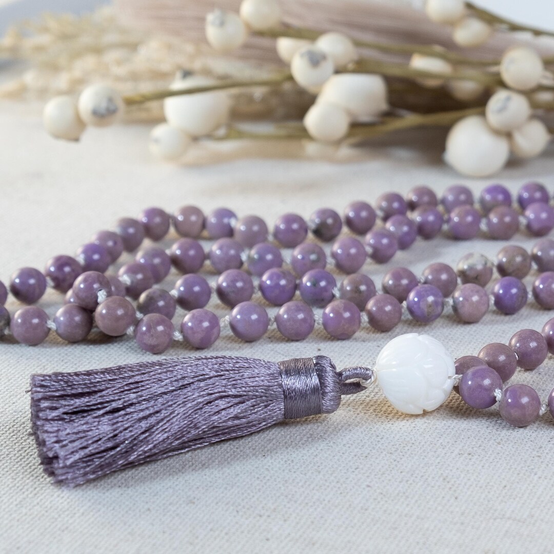 108 Beaded Mala Purple Stone Phosphosiderite Mala Necklace Long Hand ...