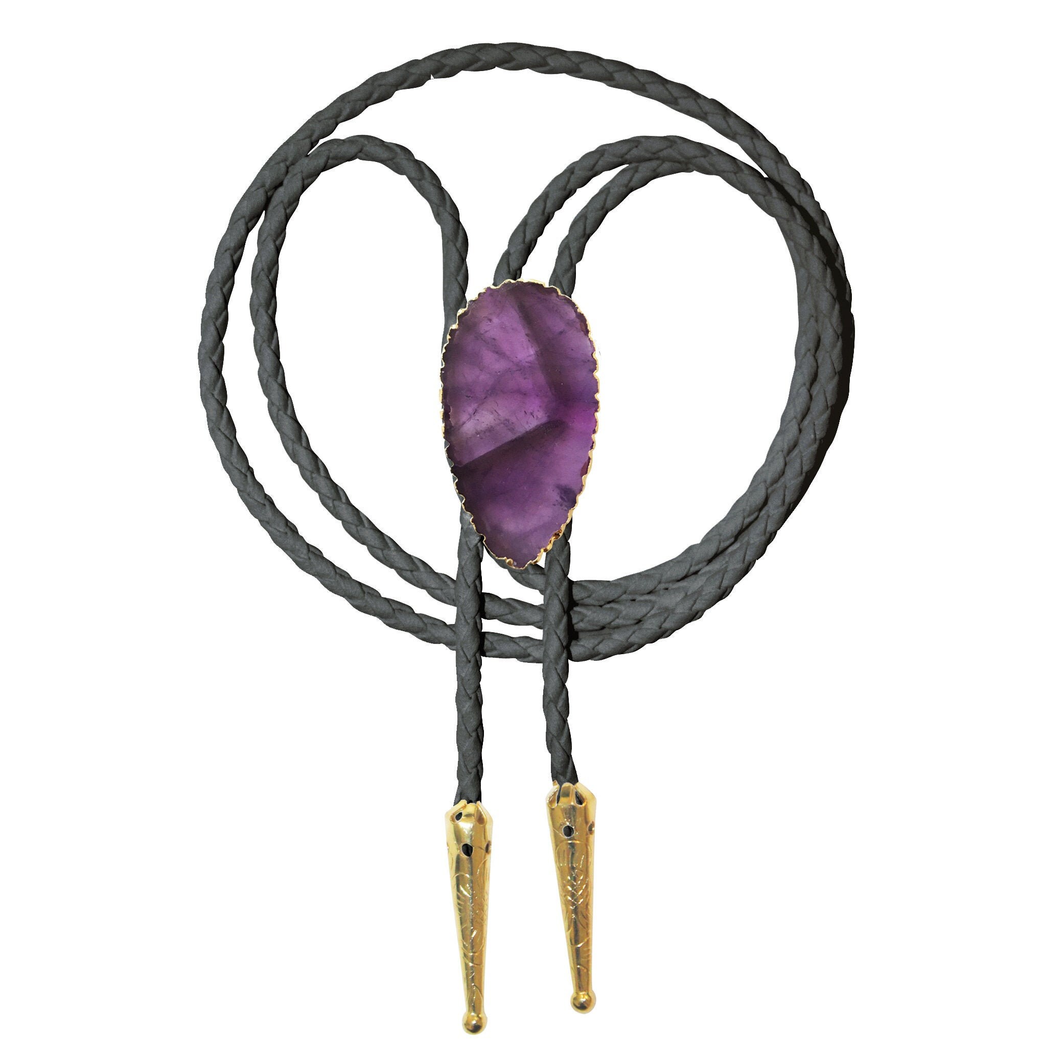 Amethyst Bolo Tie Gemstone Gold Trim Stone Braided Vegan Faux | Etsy