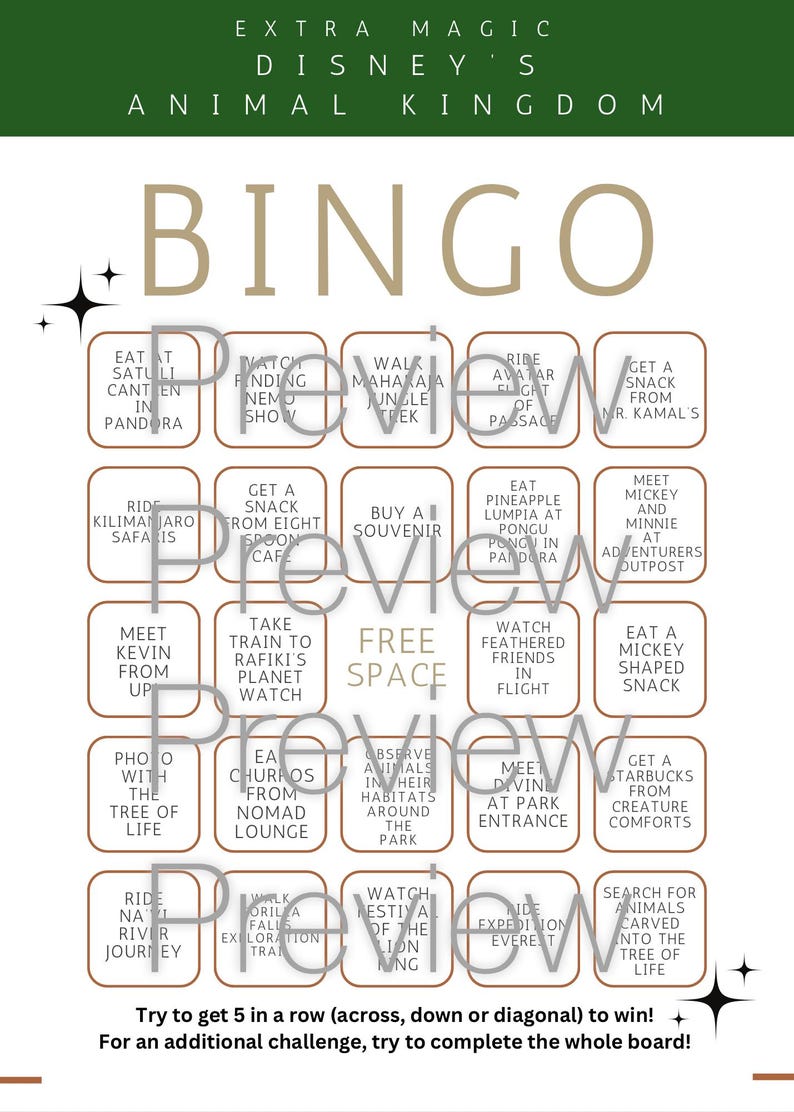 Disney's Animal Kingdom Bingo Game (digital Download): Printable Walt ...