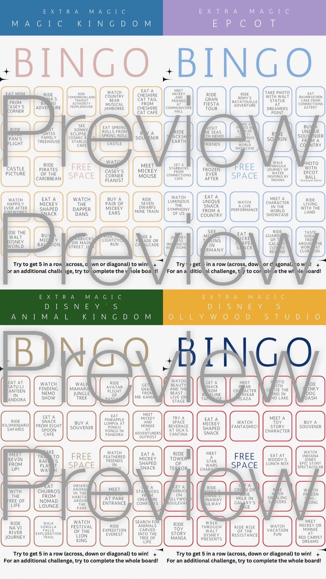 Walt Disney World Bingo Game (digital Download): 4 Theme Parks Pack ...