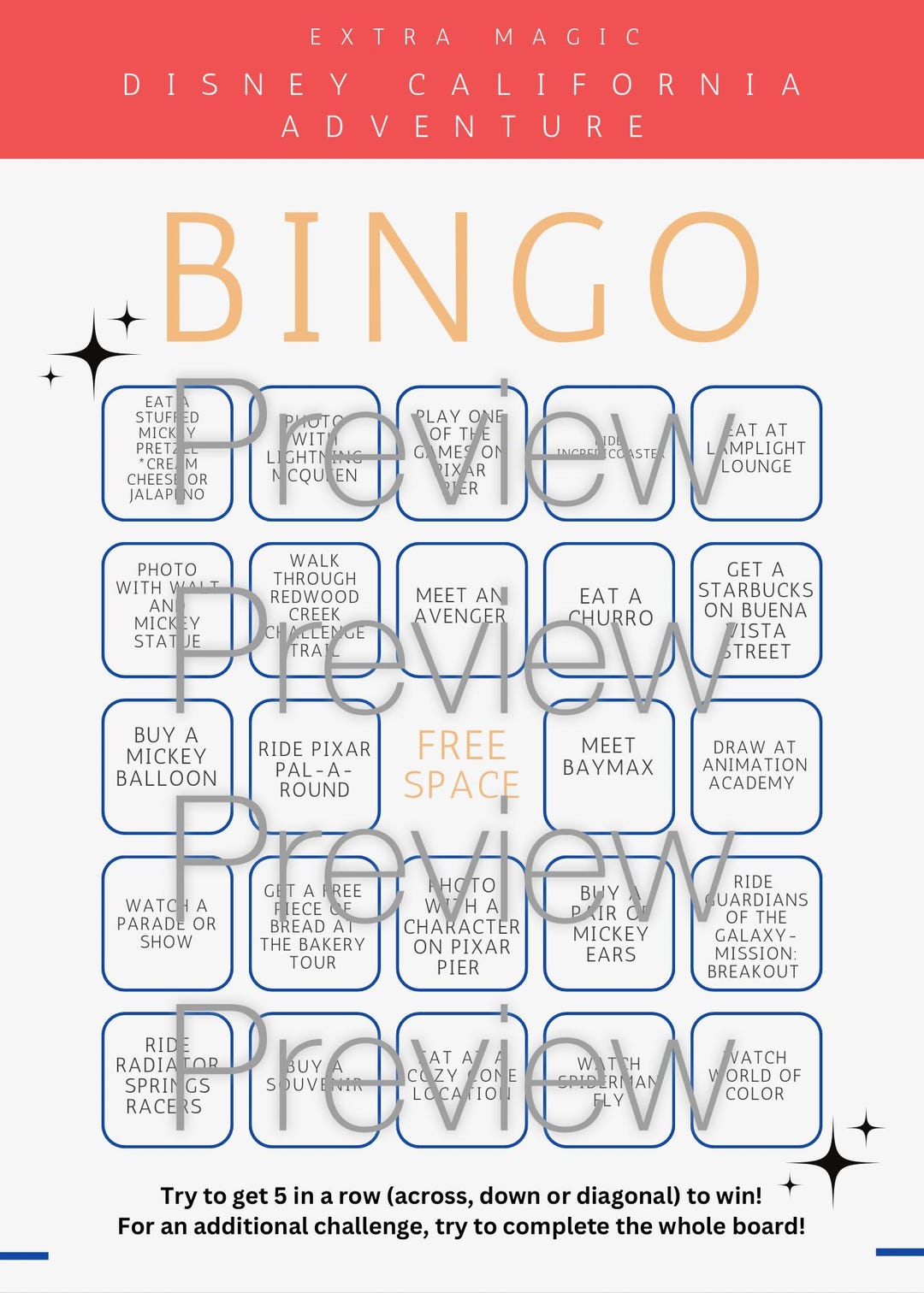 Theme Park Bingo Game, Disney California Adventure (digital Download ...