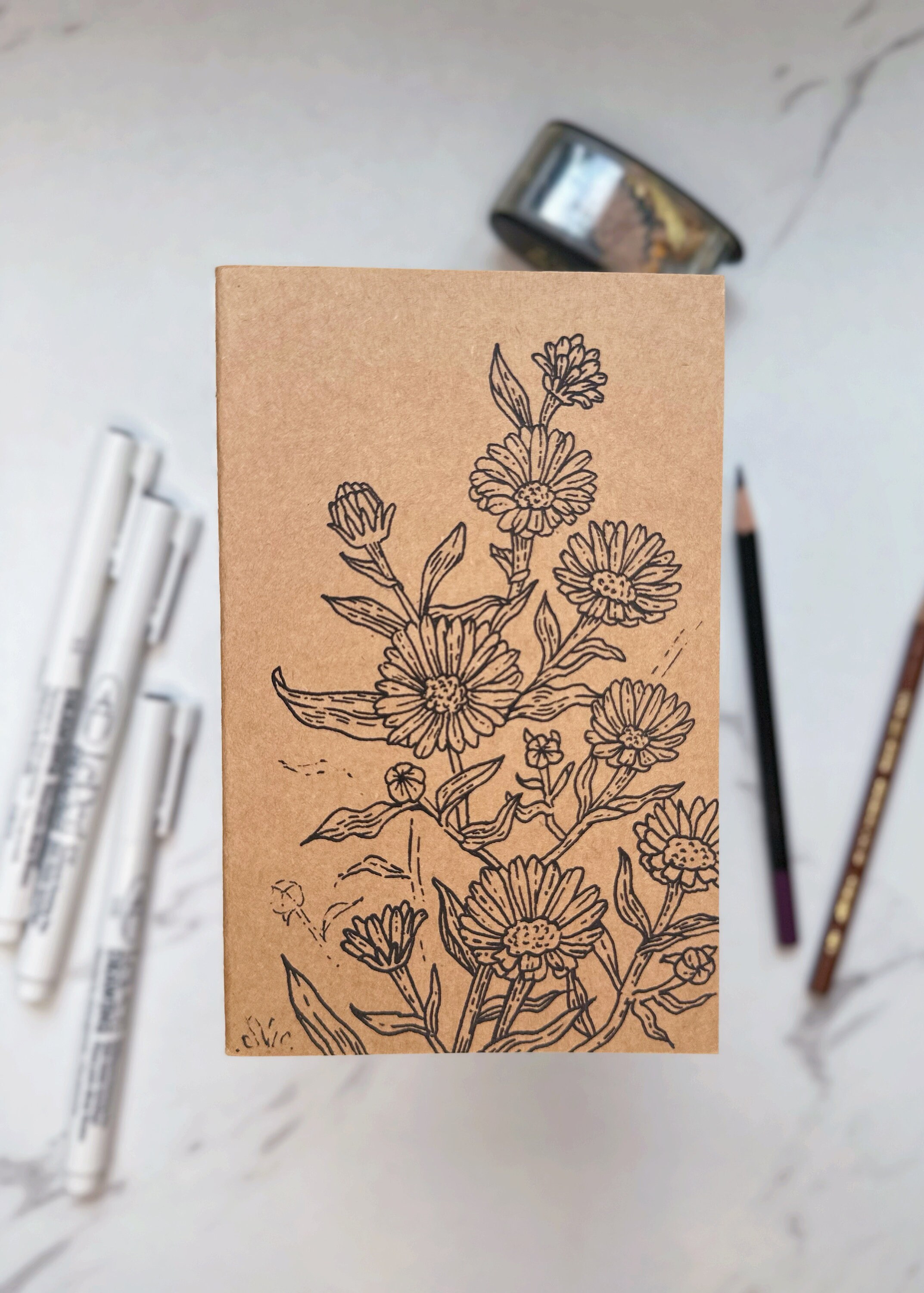Mini Notebook With Hand Drawn Cover, 3.5x5.5”, A6, Calendula, Kraft ...