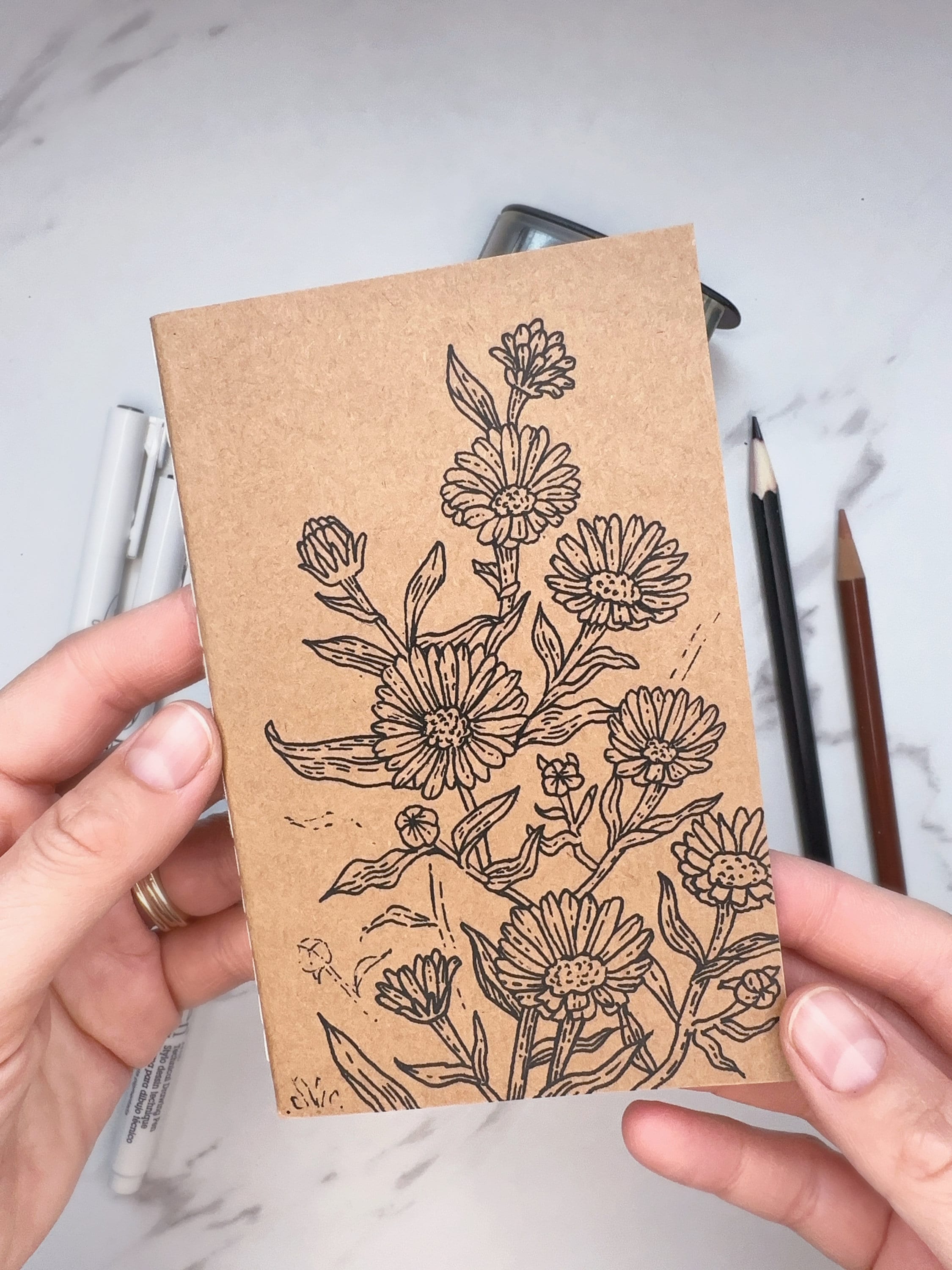 Mini Notebook With Hand Drawn Cover, 3.5x5.5, A6, Calendula, Kraft ...