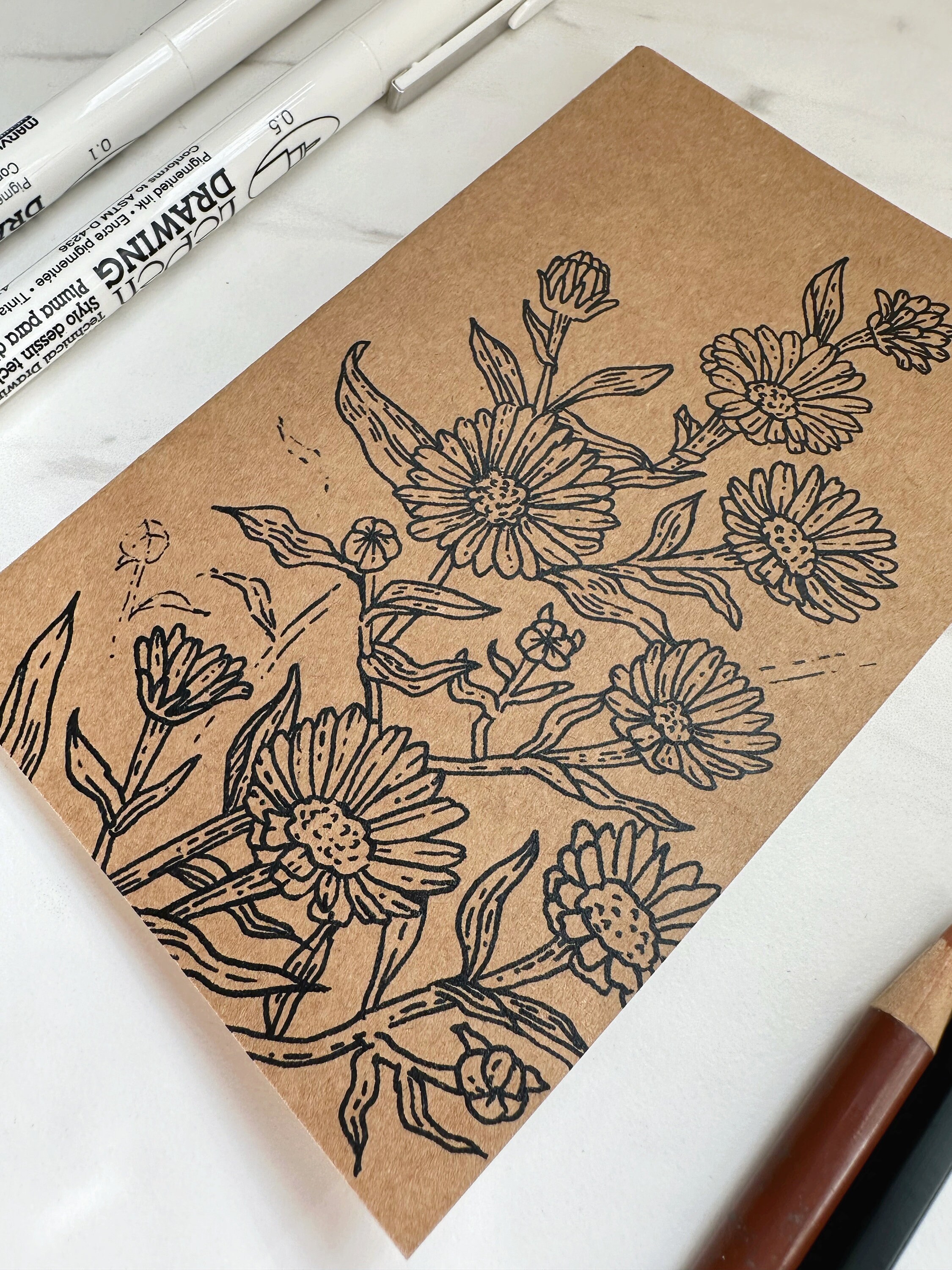 Mini Notebook With Hand Drawn Cover, 3.5x5.5”, A6, Calendula, Kraft ...