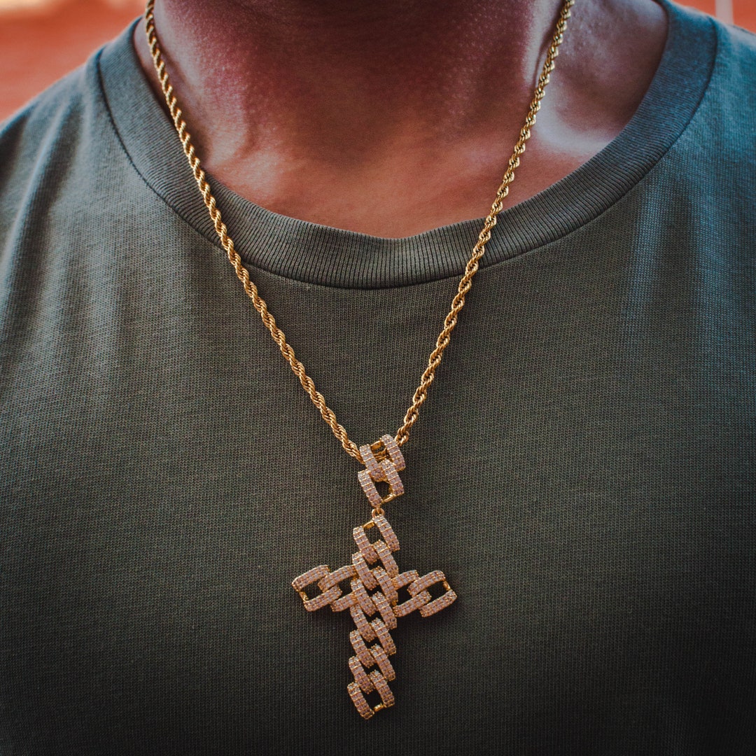 18k Yellow Gold Diamond Cuban Link Cross Pendant W/ Tennis - Etsy