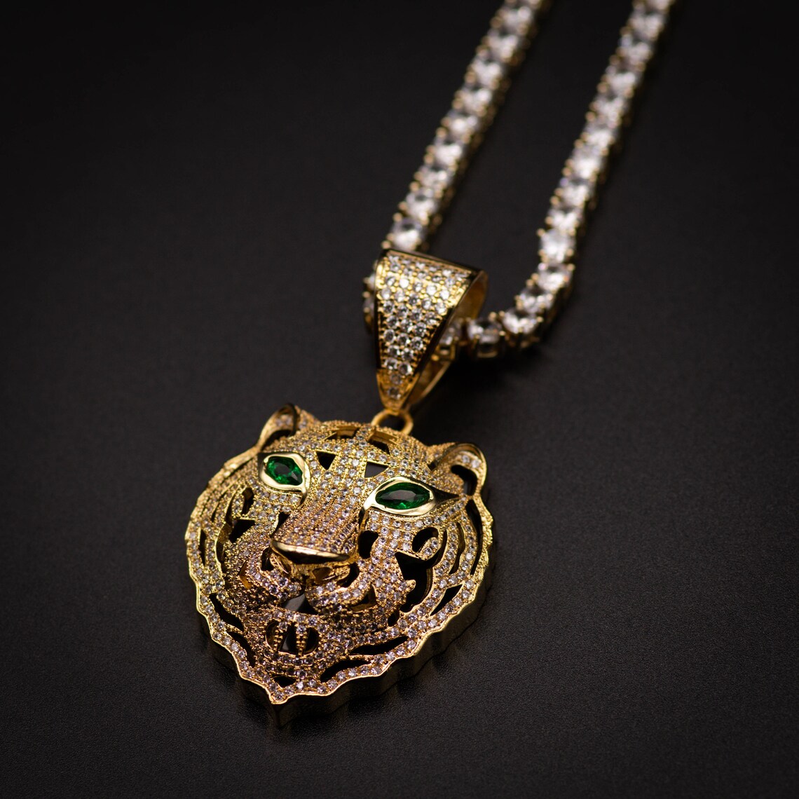 18k Yellow Gold Diamond Tiger Emerald Eye Pendant W/ Tennis - Etsy