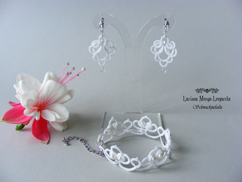 Schmuckset filigran weiß: Brautarmband und Ohrhänger Frivolitè - Etsy.de