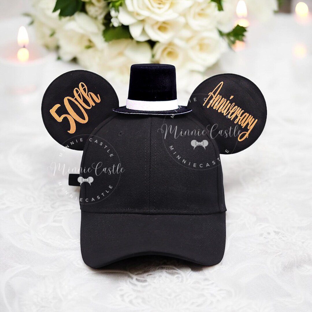 50th Anniversary Hat, Mickey Ears Cap, Mouse Ear With Lettering & Top ...
