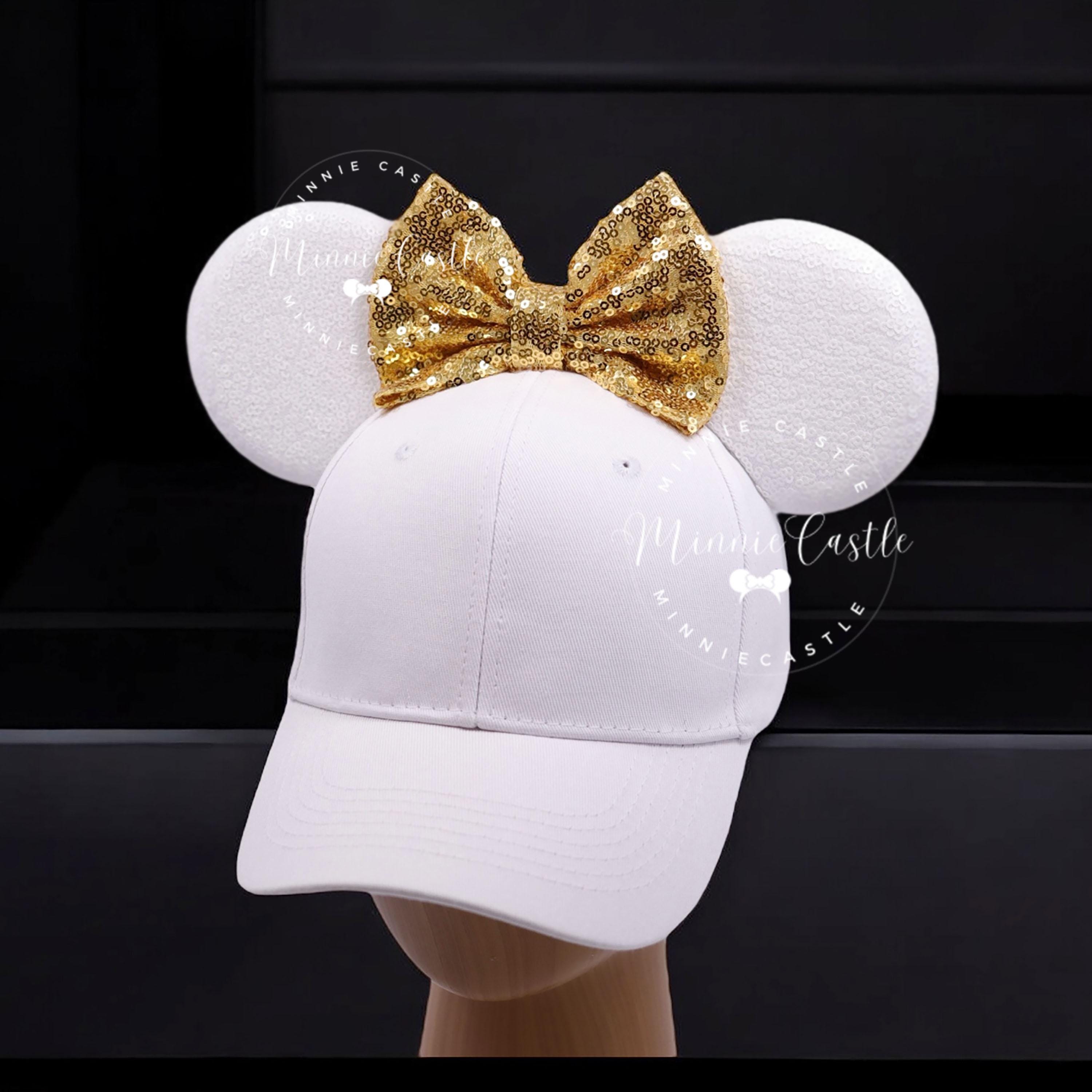 White Mouse Ears Hat With Sequin Ears, Mickey Ears Cap Minnie Bow Hat ...