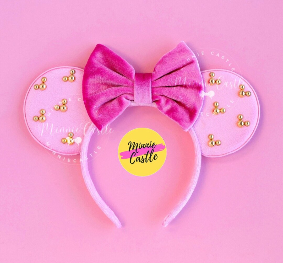 Pink Mouse Ears Headband: Velvet Bow, Gold Rhinestone Mickey Charm by ...