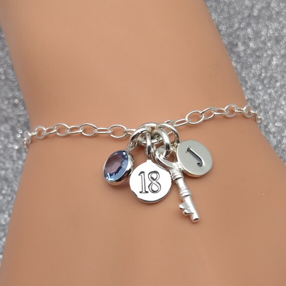 18th Birthday Key Bracelet Sterling Silver Message 18 Birthday Boxed Jewellery 18th Gift Personalised Initial Birthstone 925 Silver