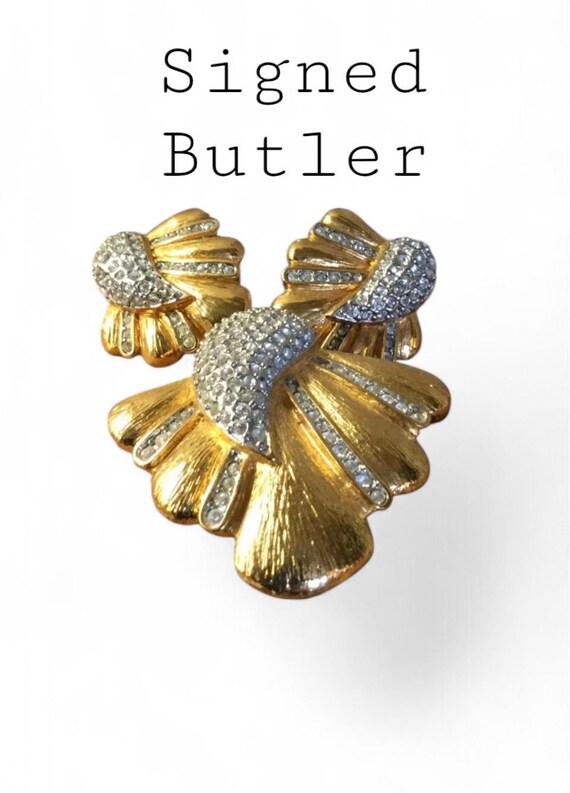 Signed Butler Rhinestone Gold Tone Demi Parure Brooch… - Gem