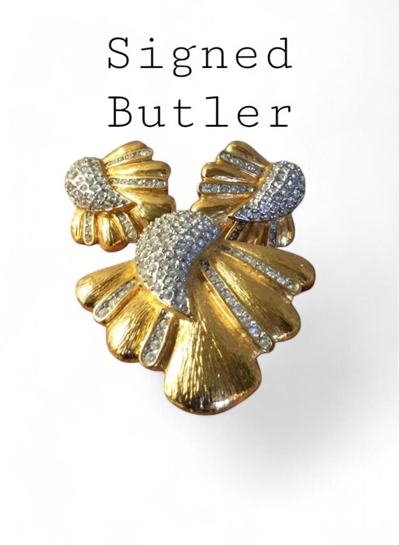 Signed Butler Rhinestone Gold Tone Demi Parure Brooch… - Gem