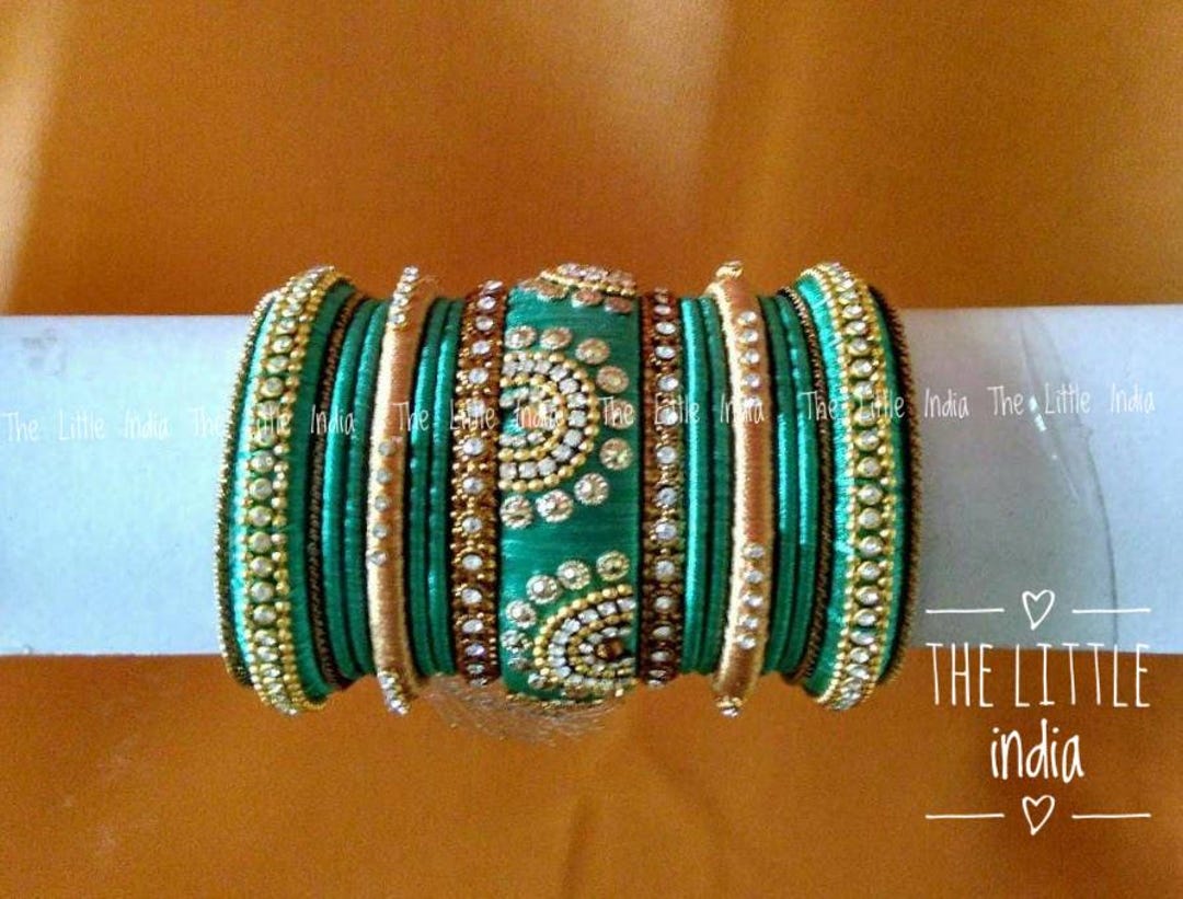 Bluish Green & Gold Silk Thread Bangles • Full Set of 38 Bangles for Both Hands • Bridal Wedding ...