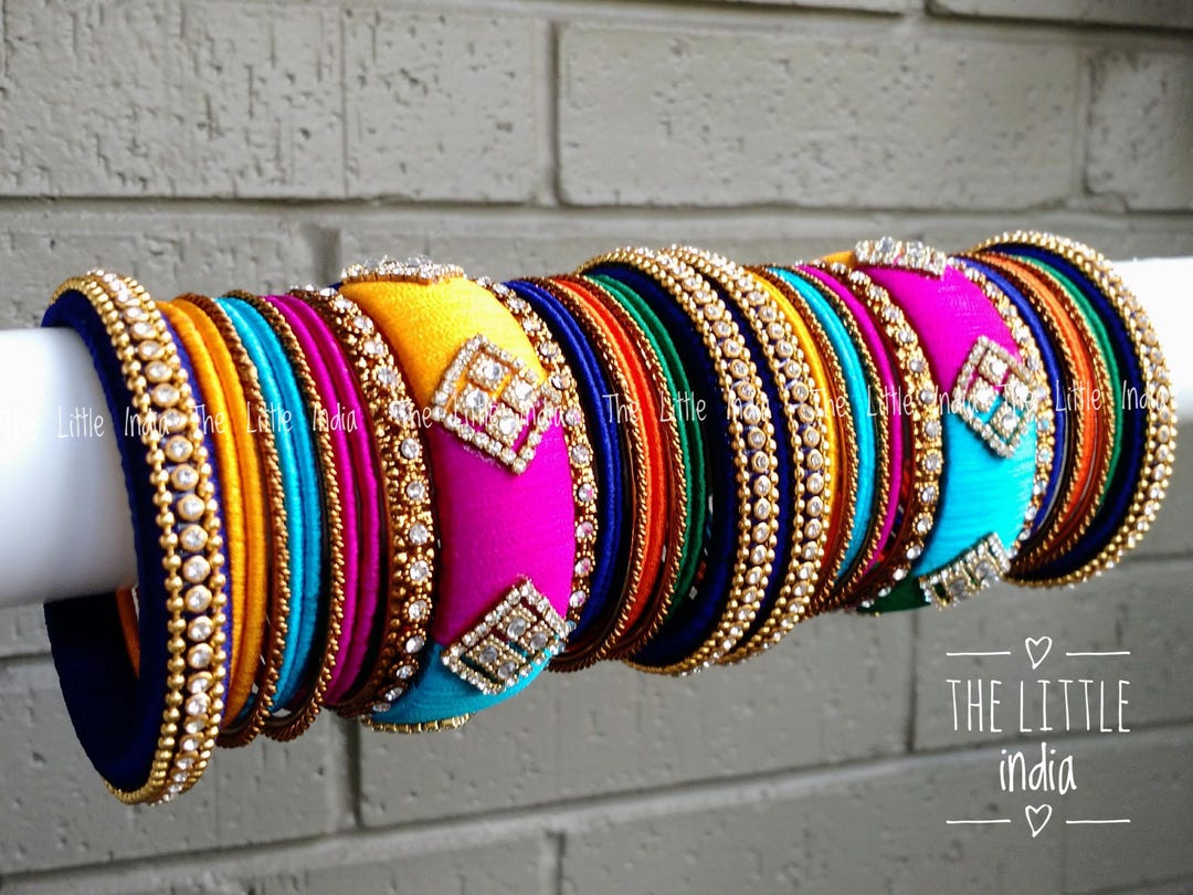 Multicolor Silk Thread Bangles • Full Set of 42 Bangles for Both Hands • Bridal Wedding Jewelry ...