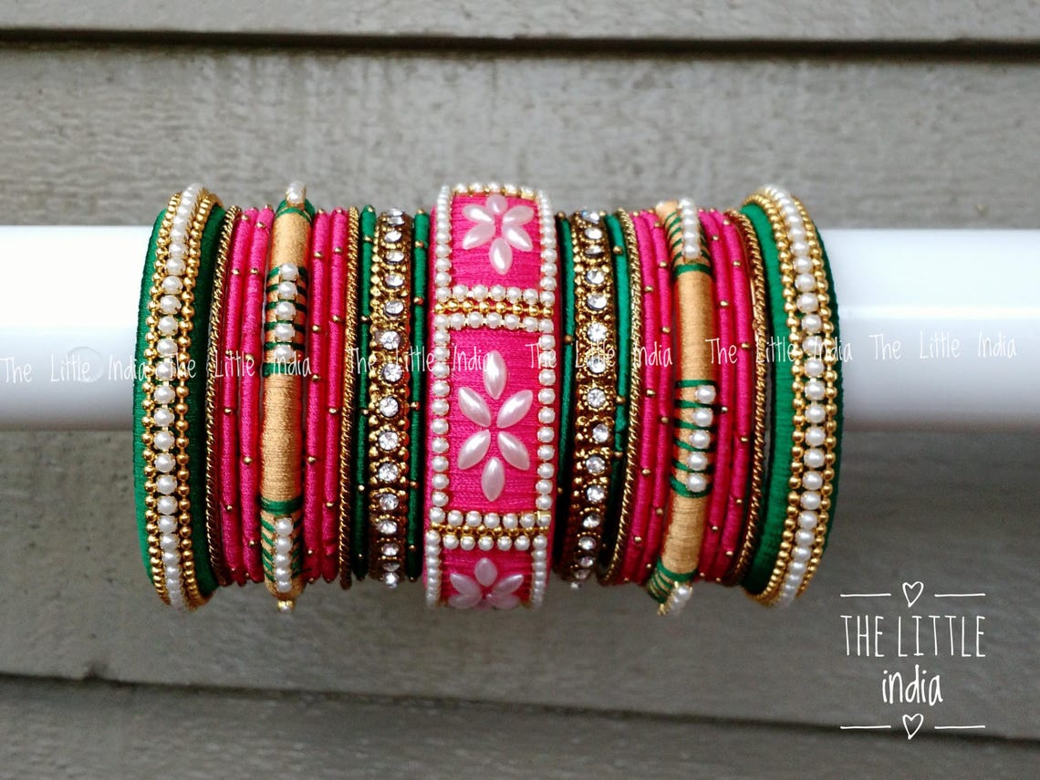 Pink & Green Silk Thread Bangles • Full Set of 46 Bangles for Both Hands • Bridal Wedding ...