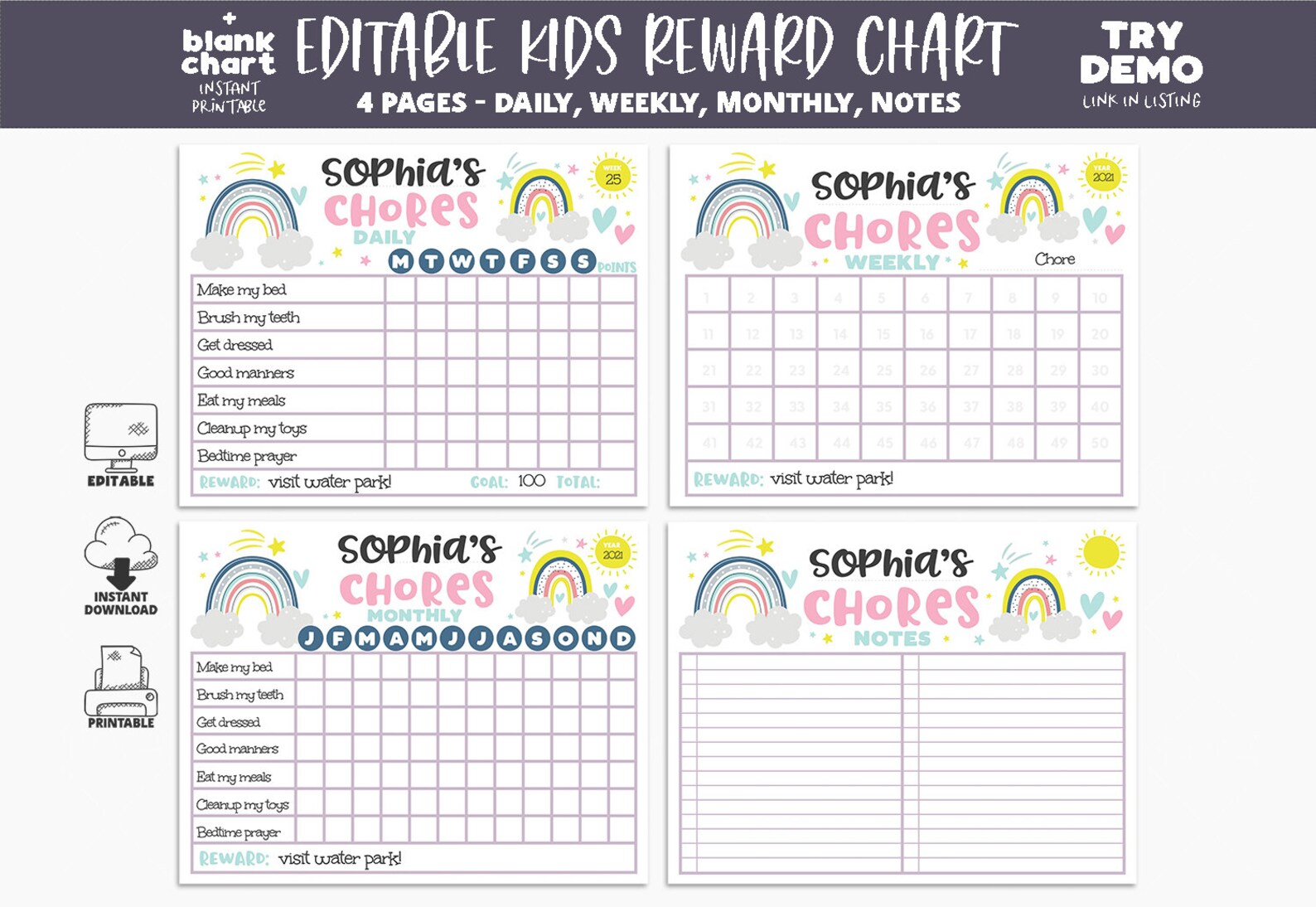 Rainbow Chores Reward Chart Pastel Rainbow Girl Behavior | Etsy