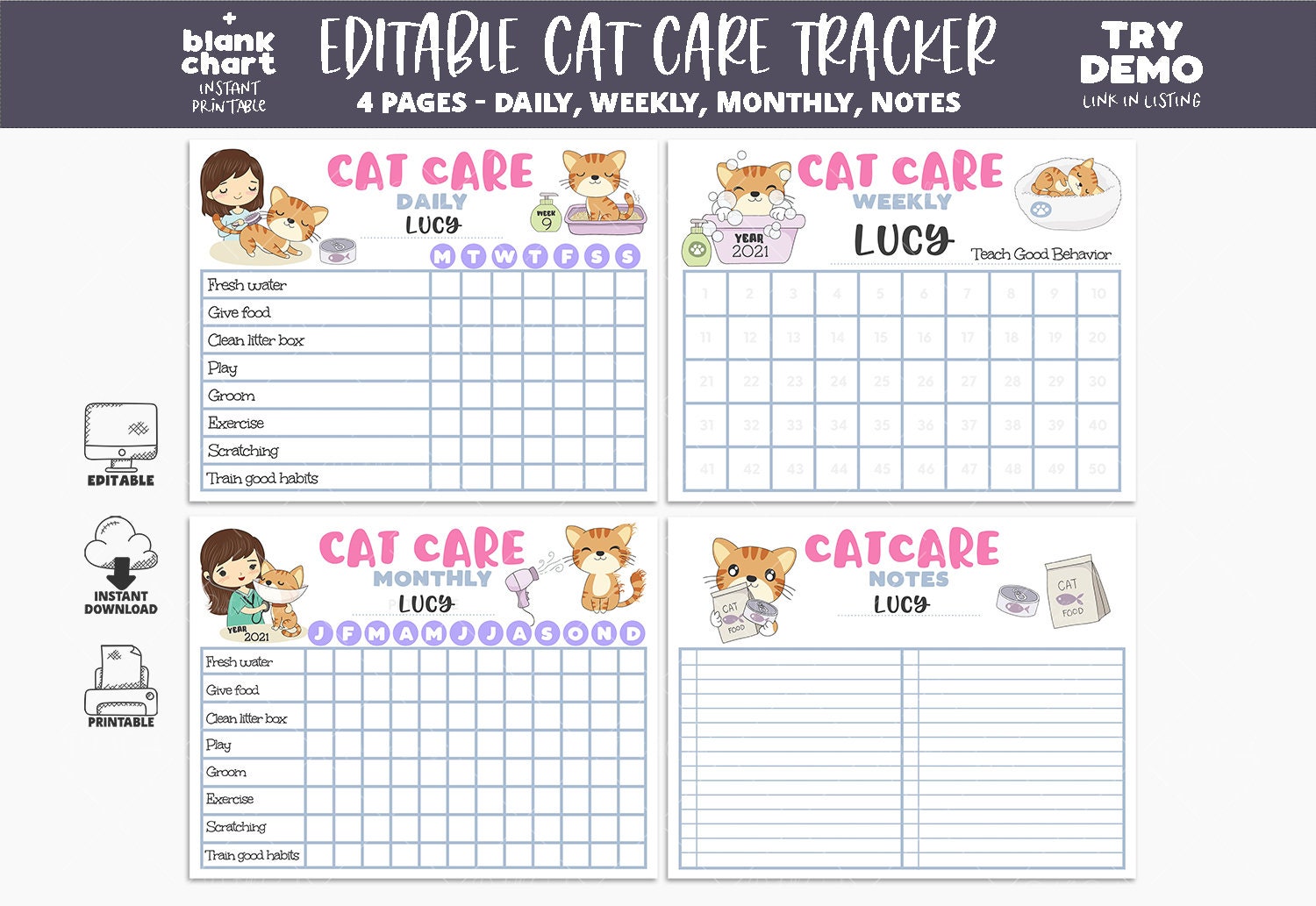 Cat Care Printable Planner, Cat Tracker, Kitten Feeding Schedule, Pet ...