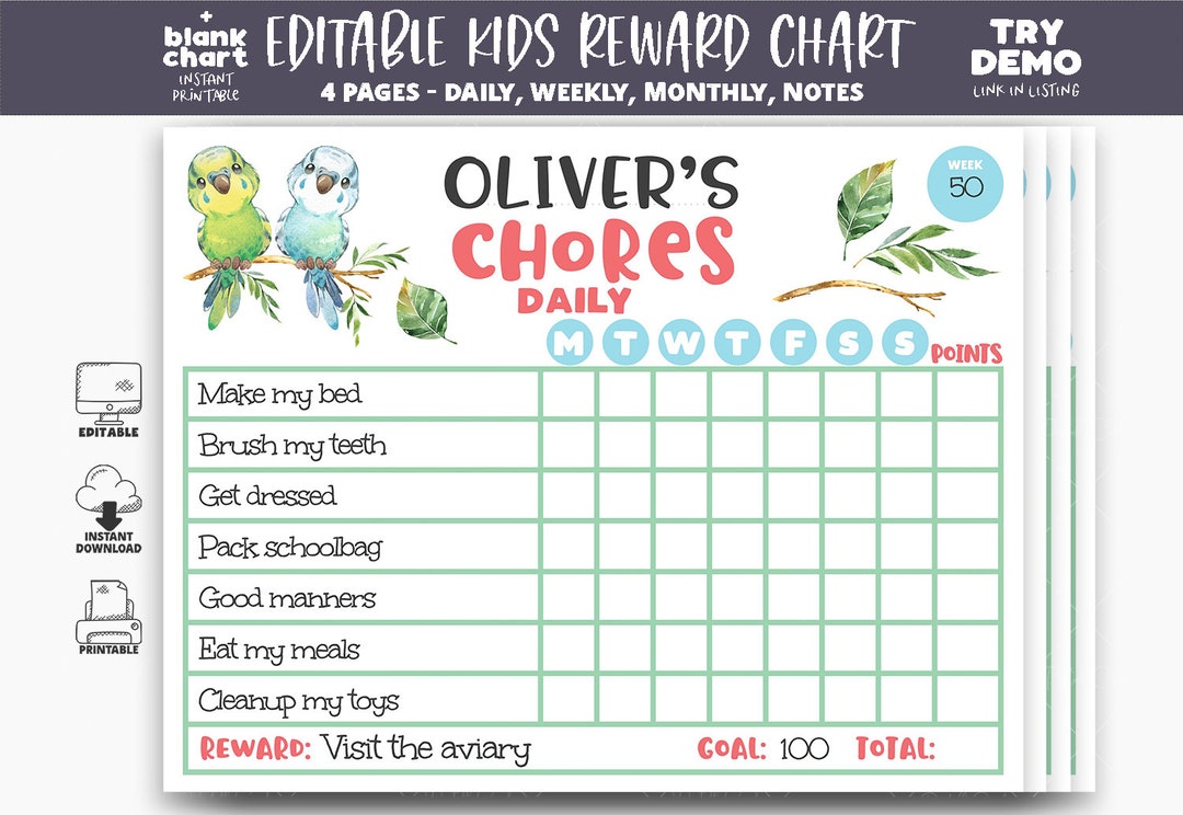 Chores Reward Chart for Boys Girls, Birds Chore Chart for Kids, Parrot ...