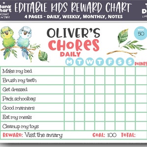 Chores Reward Chart for Boys Girls, Birds Chore Chart for Kids, Parrot ...