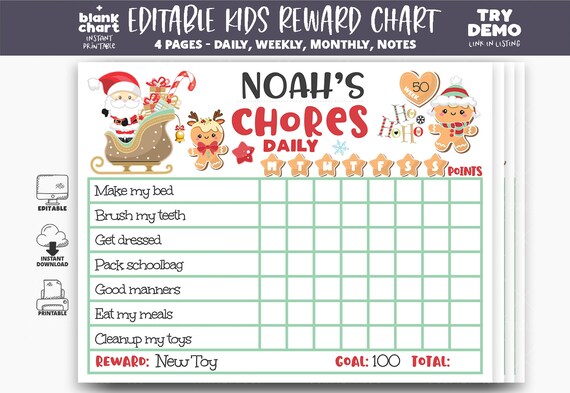 Christmas Chores Reward Chart Santa Claus List Chore Chart | Etsy