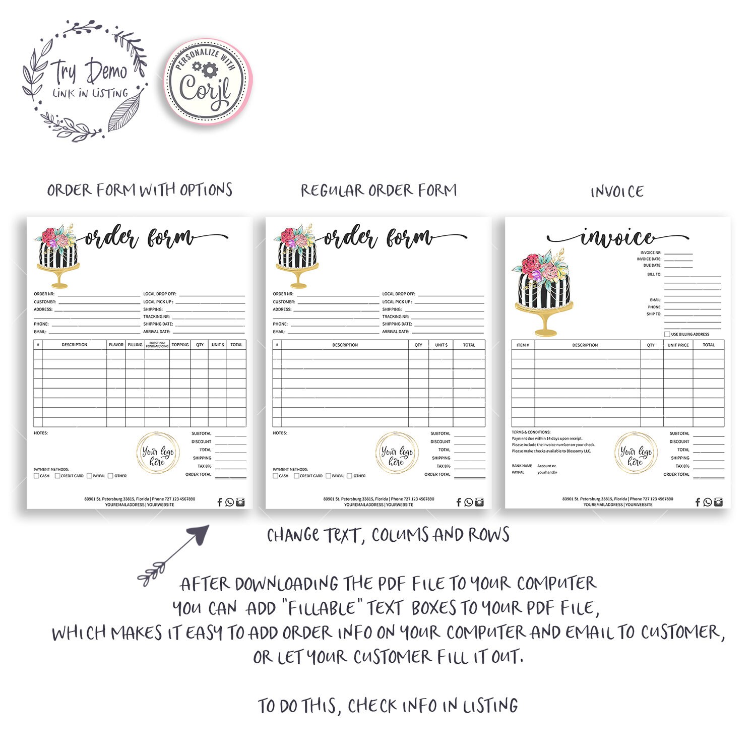 Editable Bakery Invoice Cake Order Form Baking Shop Forms | Etsy