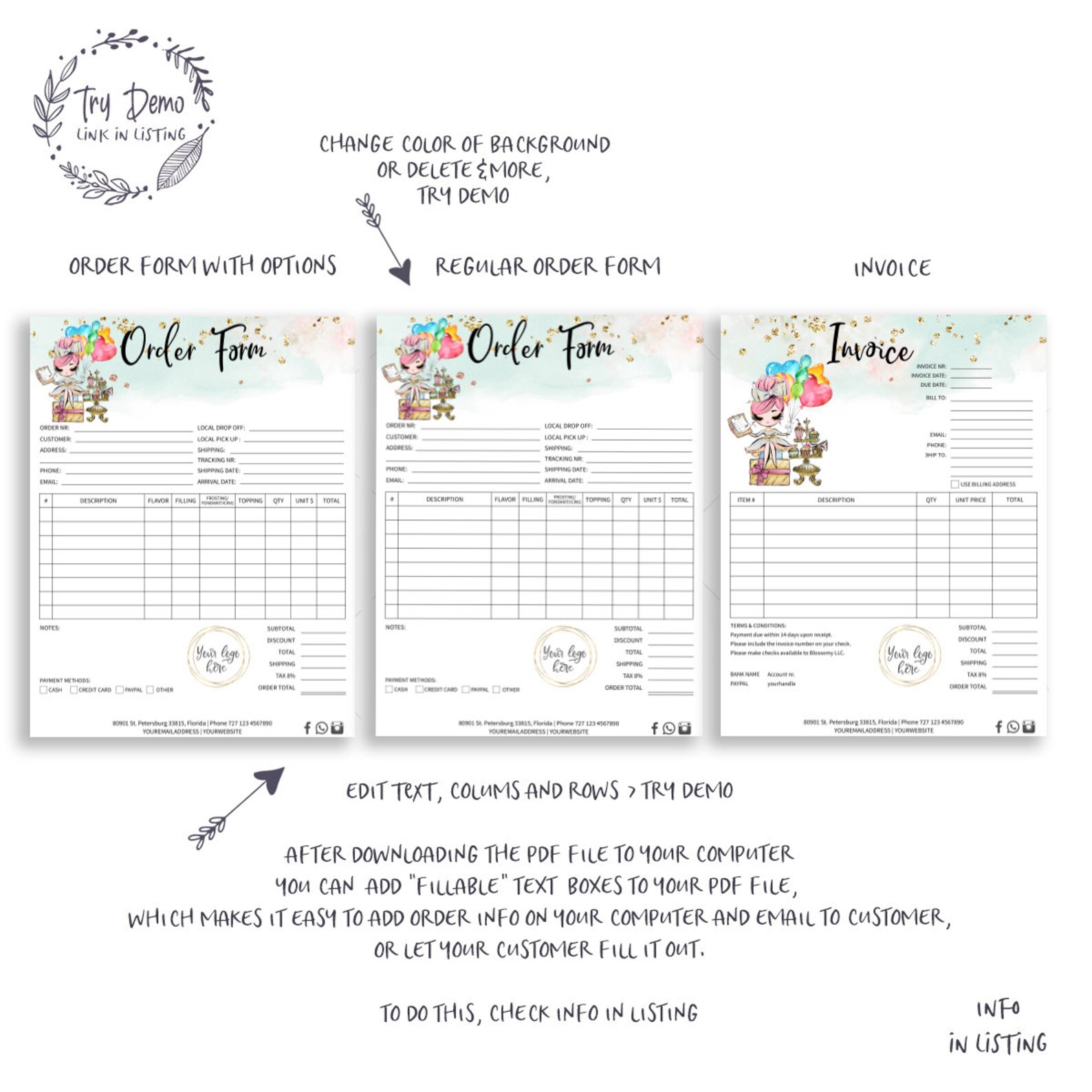 Party Planner Invoice Form Printable Order Form Birthday - Etsy