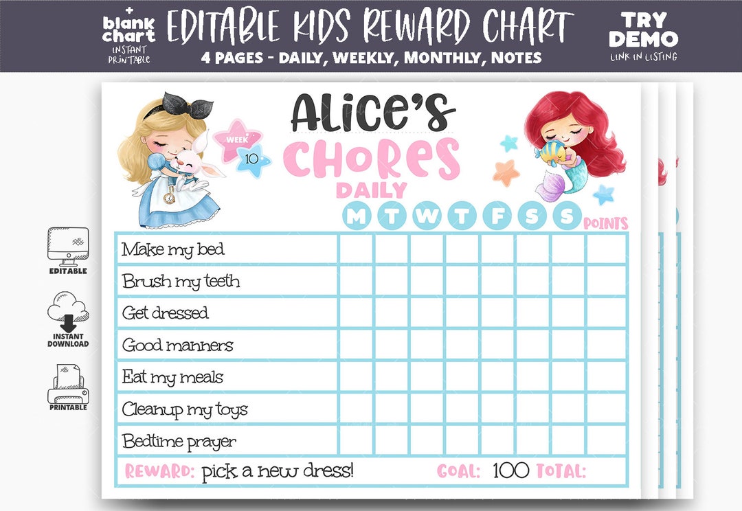 Princess Chores Reward Chart, Pastel Princess, Girl Behavior, Daily ...