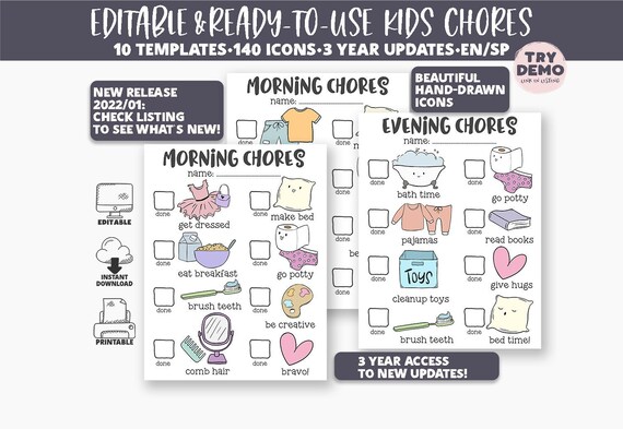 EDITABLE Kids Chores Bundle Kids Daily Tasks Toddler - Etsy