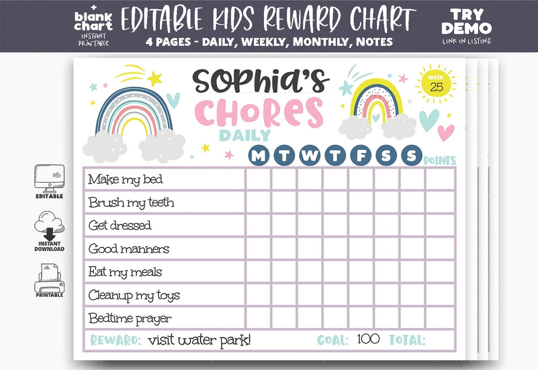 Rainbow Chores Reward Chart, Pastel Rainbow, Girl Behavior, Daily ...