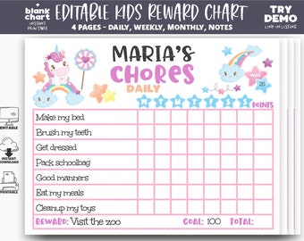 Girls Reward Chart Printable Pink Rainbow Chore Chart Routine - Etsy Canada