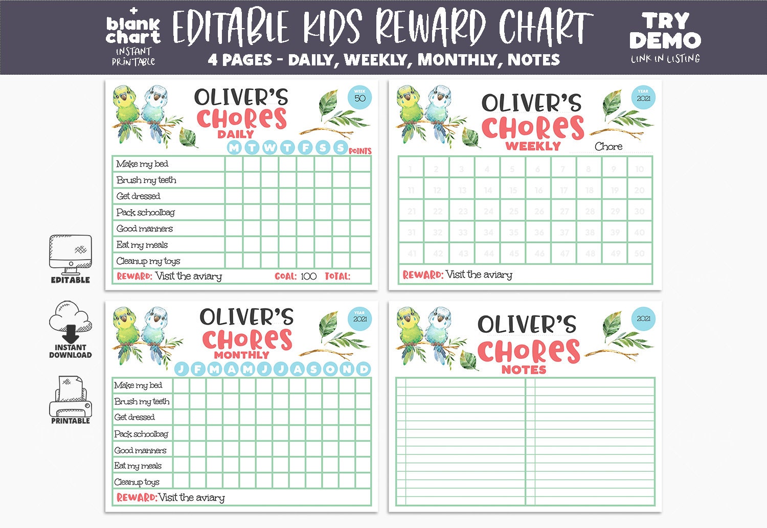 Chores Reward Chart for Boys Girls Birds Chore Chart for - Etsy