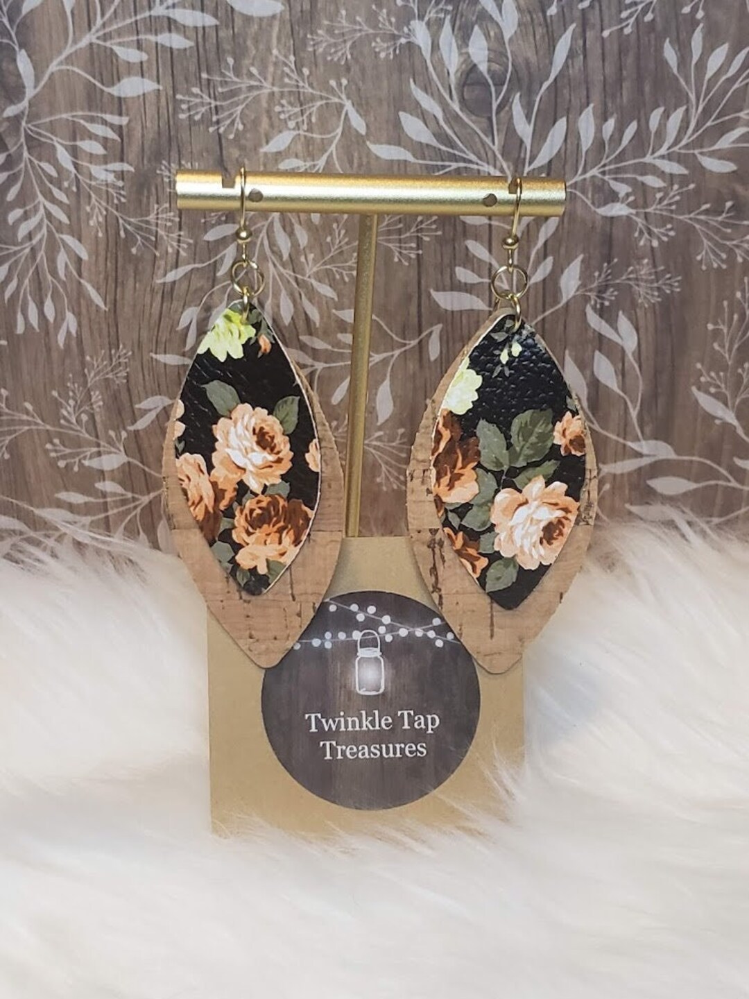 Spring Floral Earrings | Two Layer Faux Leather | Cork & Gold Accent ...