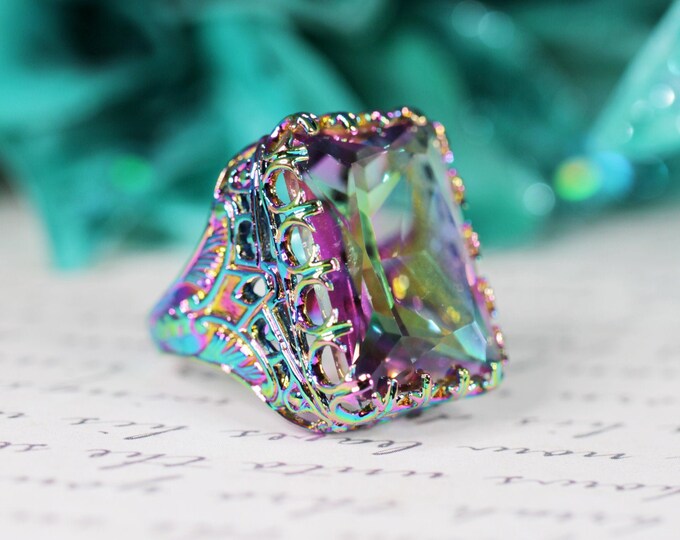 Rainbow Mystic Topaz Ring With Filigree And Large Simulated Rectangle